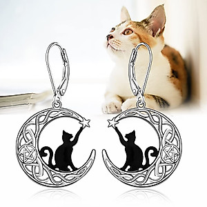 Black Cat Earrings for Women Sterling Silver Leverback Cute Animal Crescent Moon Celtic Knot Dangle Drop Earrings Hypoallergenic Cats Lover Halloween Gifts