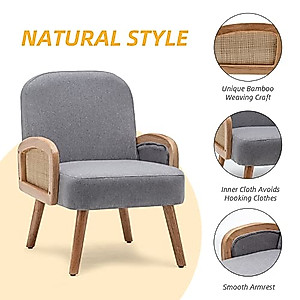 KVK Mid Century Modern Accent Chair, Upholstered Chairs with Bamboo Knitting and Solid Wood Legs, Comfy Linen Fabric Armchair for Club, Living Room, Reading Room, Bedroom, Gray (WJHM-079GR)