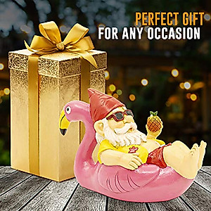 Shefio Garden Decor - Our Garden Gnome Statues are Beautiful Backyard Ideas & Garden Gifts, Perfect Garden Decor for Outside, Lawn Ornament, Yard Décor, Funny Garden Gnomes - Chilling on Flamingo