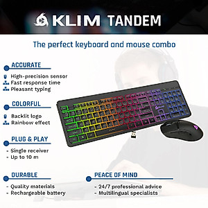 KLIM Tandem - Wireless Gaming Keyboard and Mouse Combo + Slim, Durable, Ergonomic + Illuminated + Long-Lasting Built-in Battery (Renewed), Black