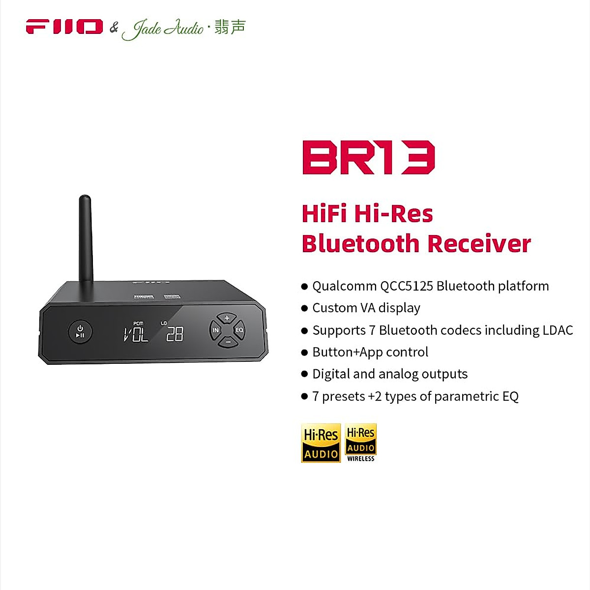 FiiO/JadeAudio BR13 HiFi Bluetooth Receiver with 5.1 LDAC/aptX Low Latency for Home Stereo/TV, USB DAC,High Fidelity 24 bit, RCA Optical Coaxial Output