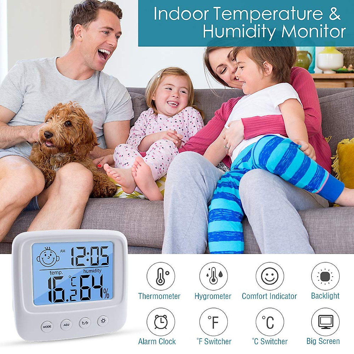 Indoor Thermometers Hygrometer Digital Room Thermometer and Humidity Gauge with Clock Humidity Temperature, 5s Fast Refresh, Backlight & ℃/℉ Function for Home, Office, Bedroom