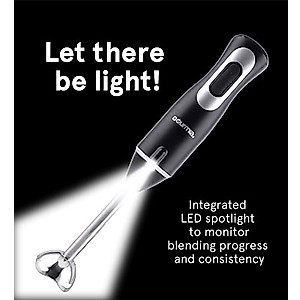 Gourmia GHB2360 12 Speed Illuminating Immersion Hand Blender with Turbo Mode - Comfortable Ergonomic Handle - Whisk Attachment Included - Integrated LED Spotlight - 300 Watt Motor - Black