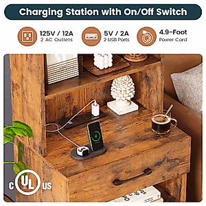 AOGLLATI Tall Night Stand with Charging Station and LED Lights, Nightstand with 3 Drawers, Bedside Table with Bookshelf, Modern End Side Table for Bedroom, Rustic Brown