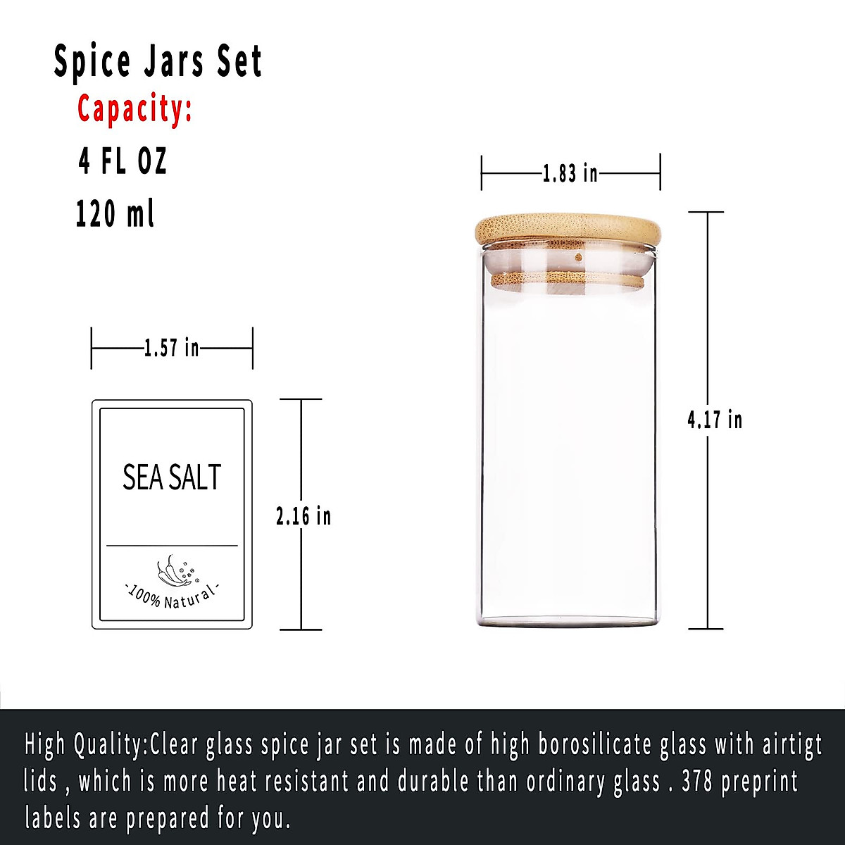 Churboro 24 Glass Spice Jars with Bamboo Airtight Lids, 400 Spice Labels, Funnel and Chalk Marker Set Spice Containers, 4 OZ Glass Storage Jars.