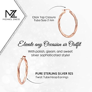 Michael Zweig Rose Gold Plated Sterling Silver Twist Hoop Earrings with Click-Top Tube Size 2.0mm Hoops Outside Diameter 30mm