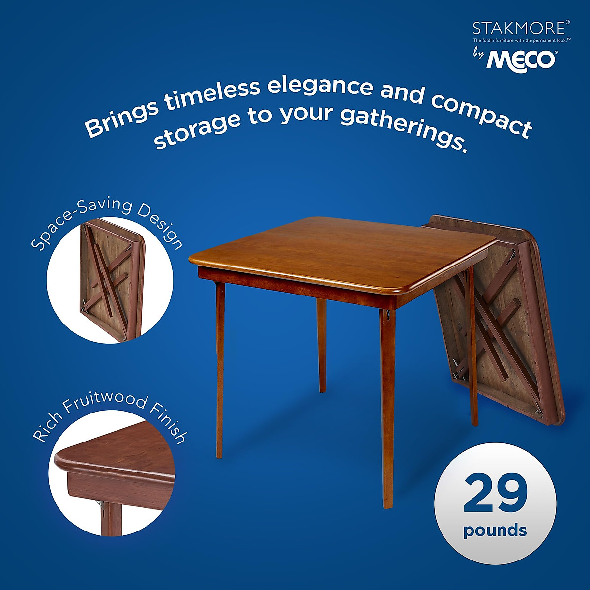 MECO Stakmore Straight Edge Solid Wood Folding Card Table, Folds to Deep 3.38 Inches for Easy Storage, 29.5″H x 32″W x 32″D, Fruitwood Finish