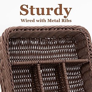 myHomeBody Rectangle Wicker Utensil Holder | Utensil Organizer | Cutlery Organizer for Kitchen Organization | Kitchen Utensil Drawer Organizer Kitchen Accessories | 1 pc, Dark Brown