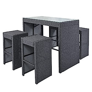 5-Piece Rattan Outdoor Patio Furniture Set Bar Dining Table Set with 4 Stools, Gray Cushion+Gray Wicker