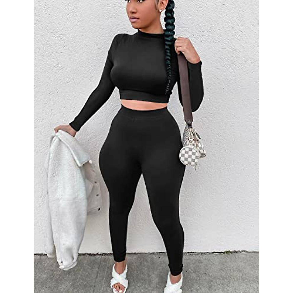 Mizoci Women's Workout 2 Piece Outfits Crop Top High Waisted Legging Pants Set Long Sleeve Track Suits Jumpsuit,Medium,Black