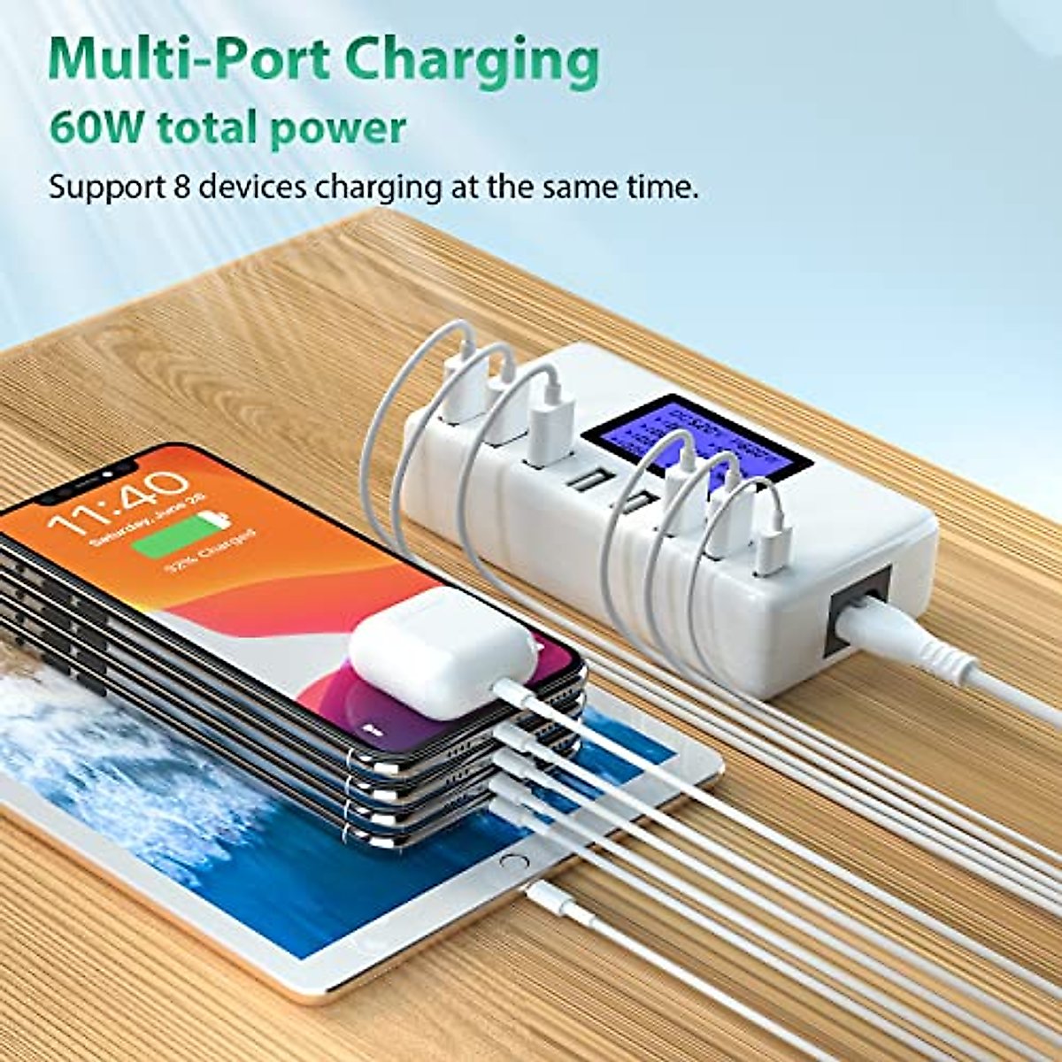 USB C Charging Station, Desktop Smart Multi Port USB Charging Station with LCD Display for Multiple Devices, 8 Ports 60W/12A USB Charger Station for iPad iPhone Android Phone and Tablet (White)