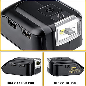 Battery Adapter for Dewalt 20v Battery USB Phone Charger, Led Work Light with Dual USB Charger and 12v DC Port,Power Source Supply for 14.4-20v Max Lithium-Ion Battery