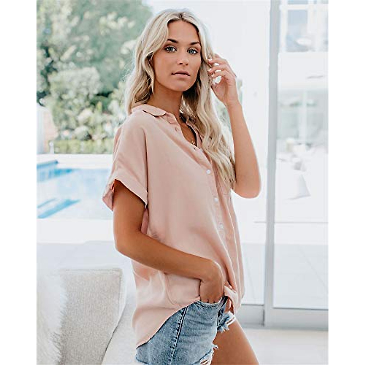 Andongnywell Women's Casual Lapel Shirt V Neck Short Sleeve Loose Casual with Pockets Front Button Blouse (Pink,2,Medium)