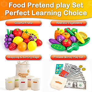69 Pcs Wooden Play Food Sets for Kids Kitchen, Pretend Food Toys for Toddlers, Play Kitchen Toys, Fake Fruit/Vegetable Accessories with Sorting Bag, Play Money, Birthday Gifts for Boys Girls Age 3+