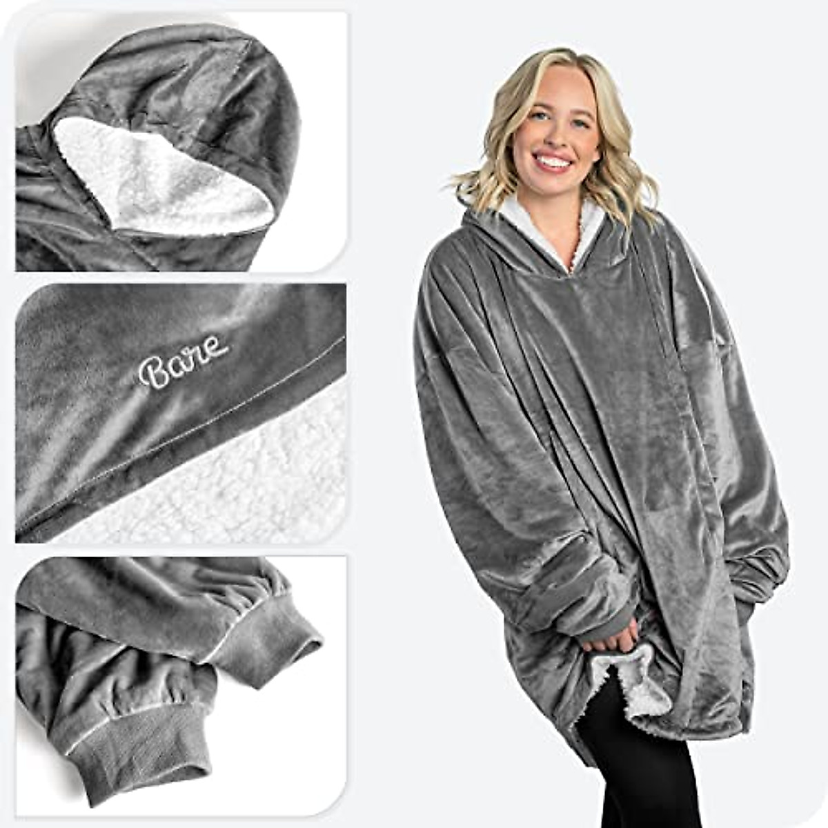 Bare Home Sherpa Fleece Wearable Blanket - Oversized Wearable Blanket Hoodie - Adult Size - Warm & Cozy - Soft Plush Blanket - Comfortable Blanket Sweatshirt with Dual-Sided Pocket (Adult, Grey)