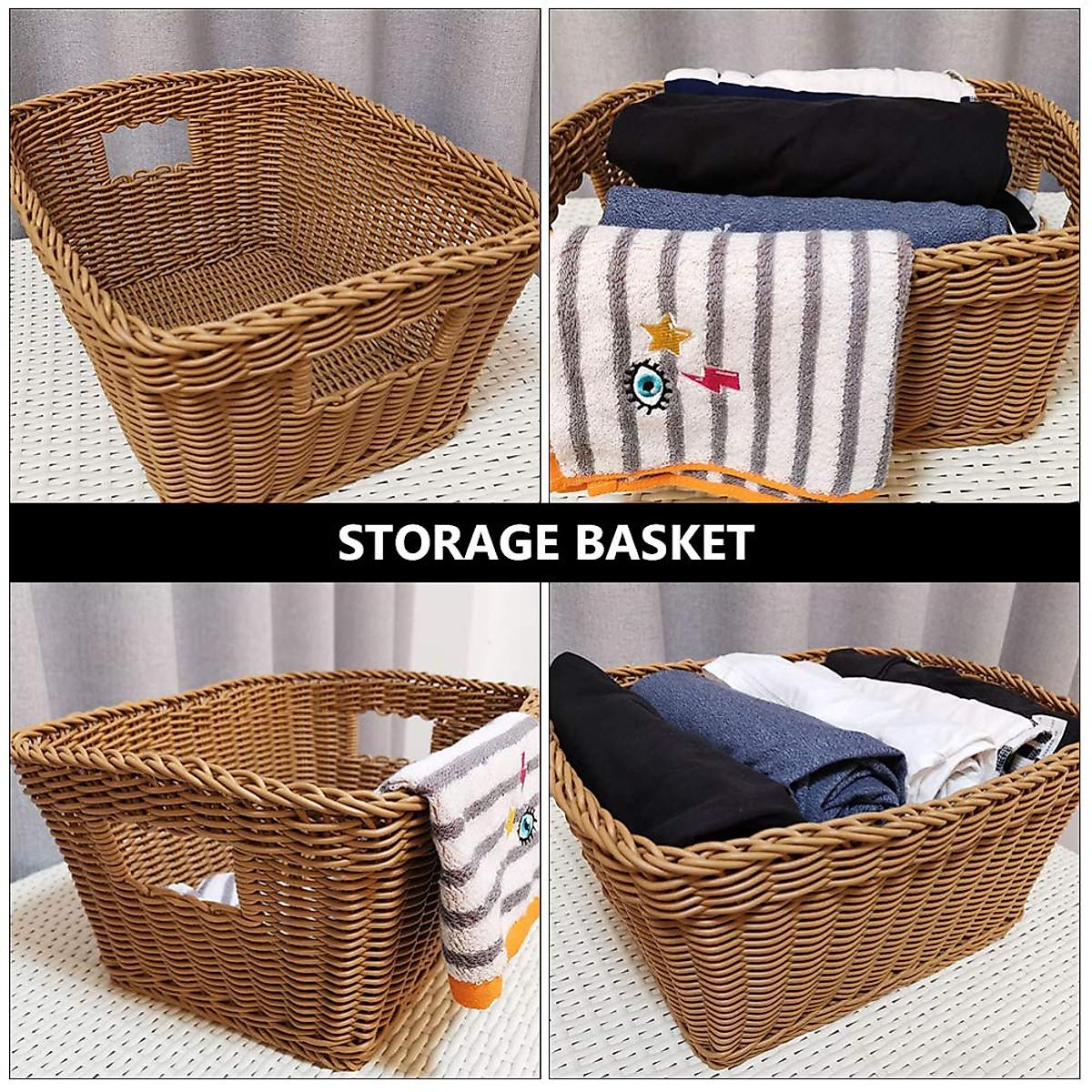 Cabilock Woven Storage Basket Large Storage Container with Handles Rustic Decorative Rattan Storage Basket for Laundry Bedroom Bathroom (Bottom 11.8x7.9x7.9 inch)