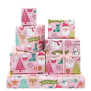 Vintage Baby Pink Merry Christmas Xmas Wrapping Paper 6 Sheets With Matched Pink Color Ribbon Folded Flat 20x28 inches per sheet For Kids Girls Boys Women Unique Xmas Decorative Paper and Holiday Gift