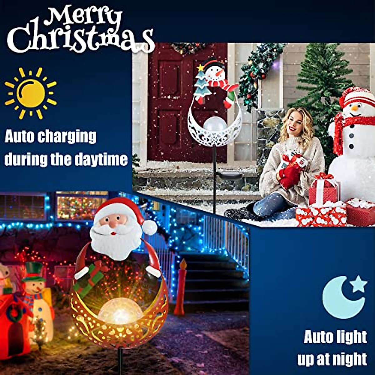 Solar Christmas Garden Stake Lights Santa Claus&Snowman Solar Christmas Decorations with LED Lights Outdoor Xmas Yard Pathway Lights Christmas Landscape Lights for Garden(2 PCS)