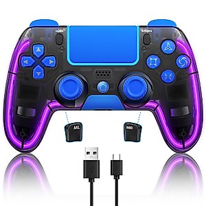 Honghao Controllers for PS4, LED Wireless PS4 Remote with Hall 3D Joystick, Dual 4 Shock RGB Custom Game Controllers for PlayStation 4 | Customizable Buttons| Responsive Control (Blue)