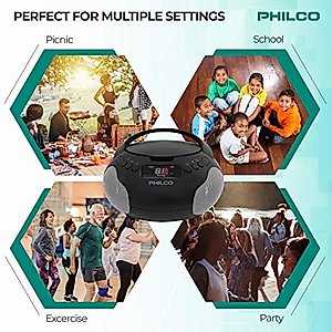 Philco Portable CD Player Boombox with Speakers and AM FM Radio | Black Boom Box CD Player Compatible with CD-R/CD-RW and Audio CD | 3.5mm Aux Input | Stereo Sound | LED Display | AC/Battery Powered