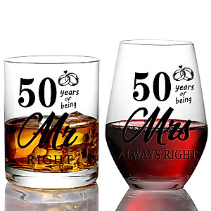 comfit 50th Wedding Anniversary - 50th Wedding Gifts for Dad, Mom, Husband, Wife, 50th Anniversary For Couple, 50th Gifts for Parents-Wine&Whiskey Glass Gift for Mr and Mrs,His and Hers18.5,13.8OZ