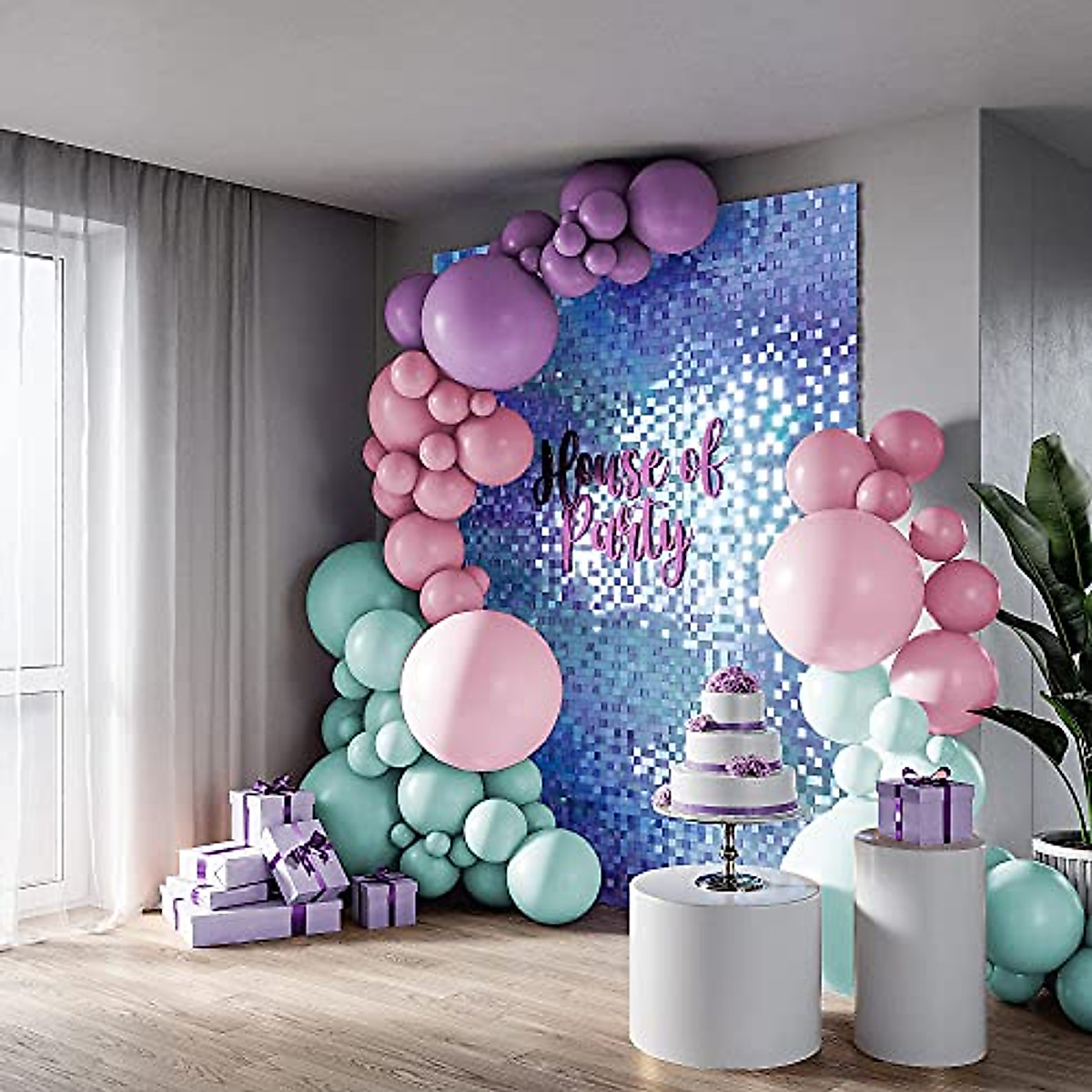 HOUSE OF PARTY Rainbow Blue Shimmer Wall Backdrop - 24 Pcs Square Sequin Wall Panels Shimmer Backdrop, Wall Decor for Birthday Decorations, Wedding & Bachelorette Party