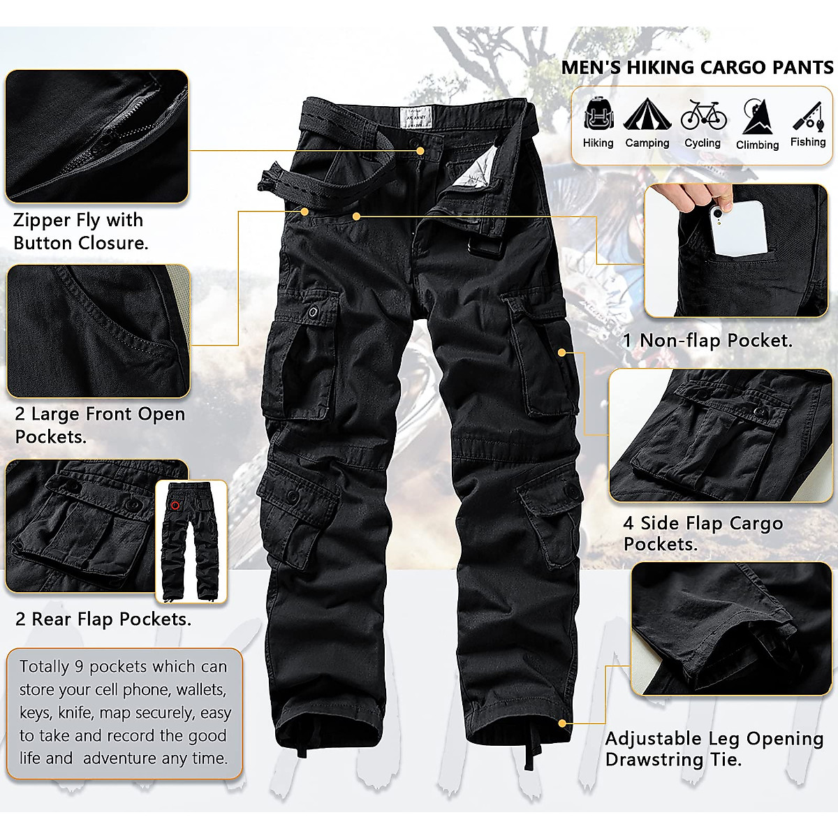 AKARMY Men's Casual Relaxed Fit Cargo Pants with Pockets, Outdoor Camo Cotton Work Pants for Men(No Belt) 3354 Black 36