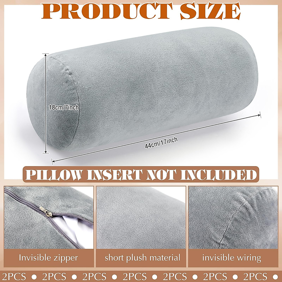 Newwiee 2 Pcs Cervical Neck Roll Pillow Cover 17x7 Inch Round Pillow Covers with Zipper Cylinder Neck Roll Pillow Case Soft Bolster Pillowcases for House Home Decor Cylindrical Pillow Cushion (Gray)
