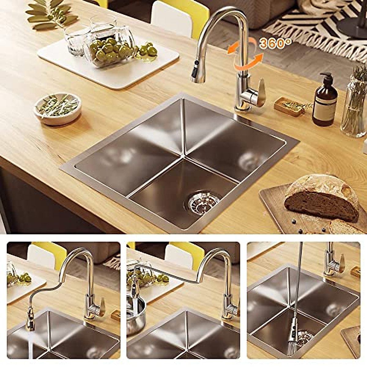 YASFEL Faucet for Kitchen Sink - Modern High Arc Pull Down Kitchen Faucets Brushed Nickel, Single Handle Stainless Steel Kitchen Sink Faucets with Pull Down Sprayer