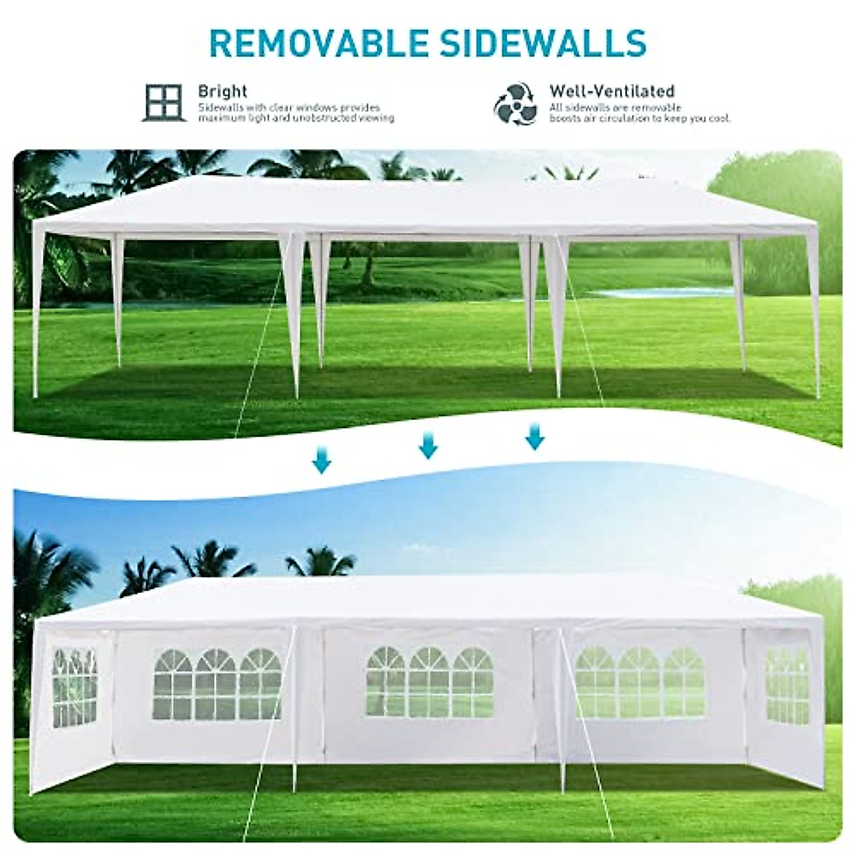 10'x30' Party Tent, Outdoor Tents for Parties, Wedding and Birthday, White Large Canopy Tent with 5 Removable Sidewalls & Transparent Windows, Outside Gazebo Event Tent for Garden, Patio and Backyard