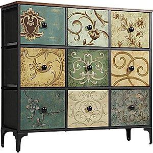 AOPSEN Dresser with 9 Drawers, Tall Storage Dresser for Bedroom, Modern Chest of Drawers for Closet, Living Room, Nursery, Wood Top, Fabric Drawers (Rustic Brown)