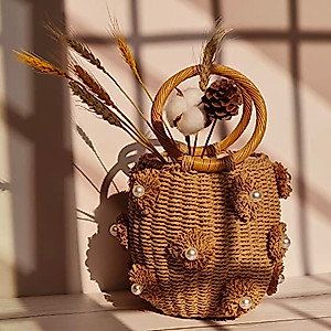 NIBD Flower Pearls Rattan Tote Bag Summer Beach Drawstring Straw Bucket Bag Diamonds Woven Handbag (A Flower)