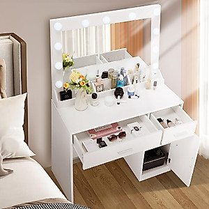 Likein Vanity Desk with Mirror and Lights, Makeup Vanity Desk with Lights, Modern Dressing Table with Charging Station 2 Drawers & Cabinet for Girls Women