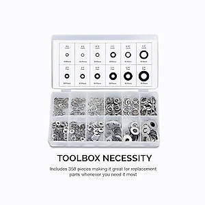 NEIKO 50400A Stainless Steel Lock and Flat Washer Assortment | 350 Piece Set | 12 Different Sizes in Spring Lock and Flat Design | Prevent Loose Fasteners