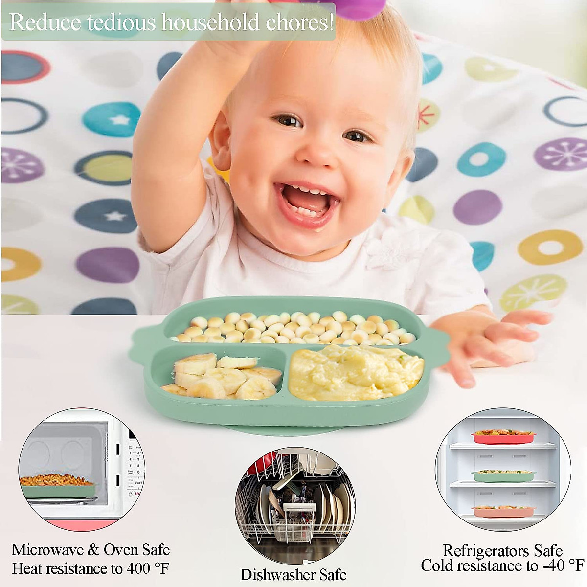 ACWIWIL Toddler Plates with Suction, 100% Food Grade Silicone Divided Plates, Baby Plates & Dishes, BPA Free, Microwave & Dishwasher Safe-Set of 1-Green