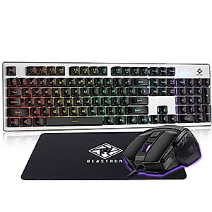 Beastron Gaming Keybaord and Mouse Gaming Mouse Pad, LED Rainbow Backlit USB Wired Computer Keyboard 104 Keys Mechanical Feel Gaming Keyboard Set for Windows PC Gamer, Black