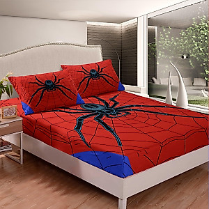 Spider Web Kids Sheet King Size,Black Spider Arachnid Insect Animals Bedding Set,Boys Girls Women Men Room Decor,Happy Halloween Red Blue Fashion Bed Sheet Set 4pcs(Fitted + Flat + 2 Pillowcases)