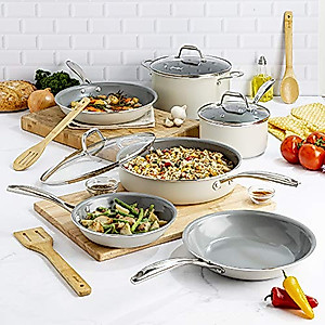 Goodful Ceramic Nonstick Cooking Set, Titanium-Reinforced Premium Non-Stick Coating, Dishwasher Safe Pots and Pans, Tempered Glass Steam Vented Lids, Stainless Steel Handles, 12-Piece, Cream