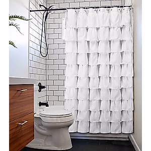 Volens White Shower Curtain Fabric/Ruffle for Bathroom,70in Long