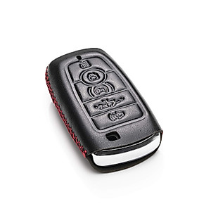 Vitodeco Leather Smart Key Fob Case Compatible with Ford Escape 2023, Bronco 2023, Explorer 2023, Edge 2023, Expedition 2023, F-150, Mustang 2023, F150 2023 and More Models (5-Button, Black/Red)