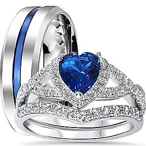 LaRaso & Co His Hers Sterling Blue Sapphire CZ Bridal Wedding Band Engagement Ring Set Him Her Thin Blue Line