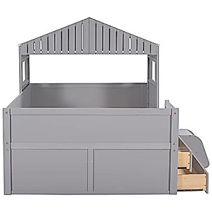 Full Size Wood House Bed Low Loft Bed with 4 Drawers, Playhouse Design Montessori Bed Tent Bed Platform Bed Frames with Safety Fence for Kids Teens Girls & Boys, Strong Sturdy Slats Support (Gray-K)