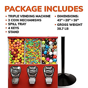 Vending Machine - Commercial Gumball and Candy Machine with Stand - Red Triple Vending Machine with Interchangeable Canisters - Coin Operated Candy Dispenser and Gumball Machine - Vending Dispenser