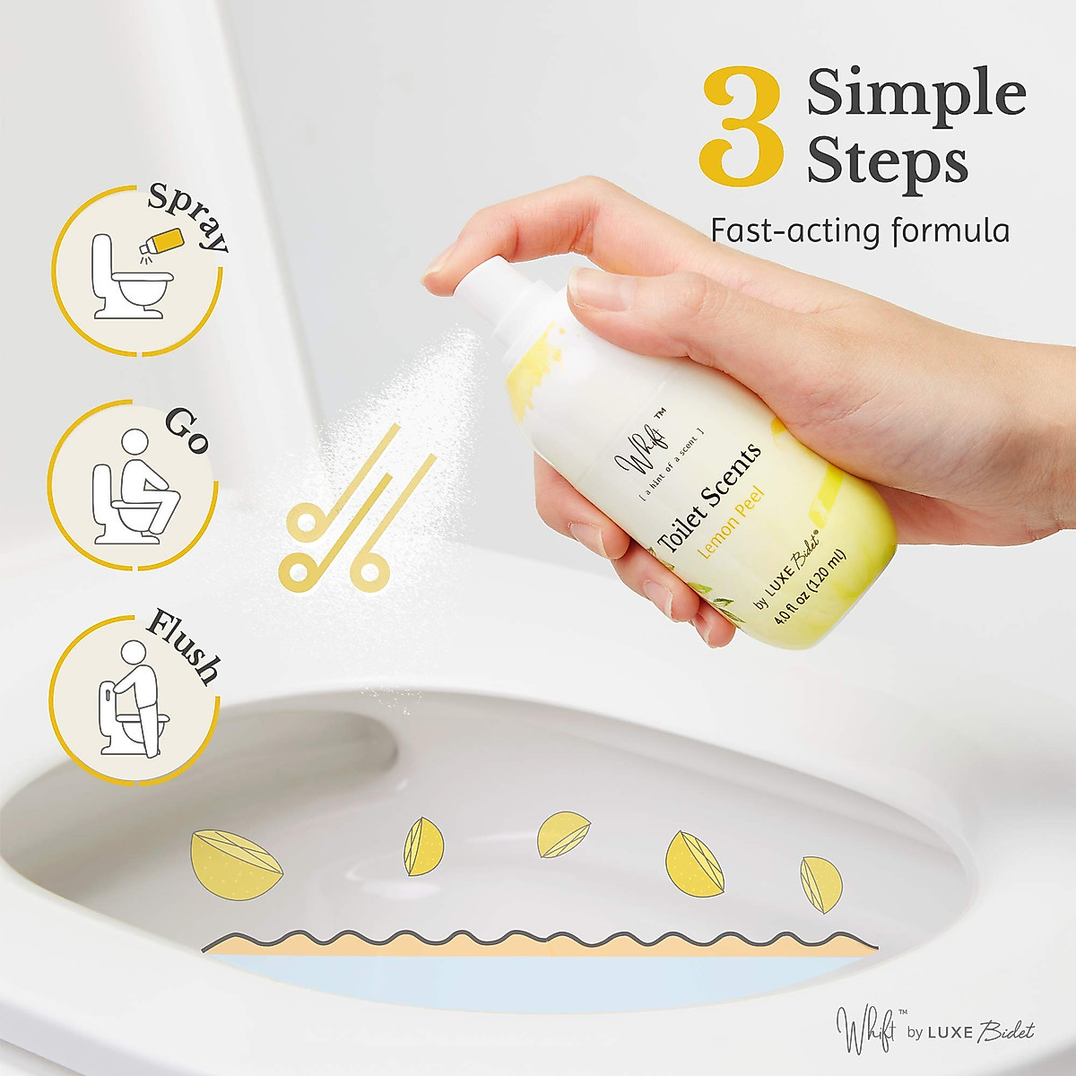 LUXE Bidet NEO 120 White, Whift Toilet Scents Spray Lemon Peel Scented 120mL, Luxe Comfort Soft and Ergonomic Toilet Footstool and Luxe Elongated Toilet Seat Bundle