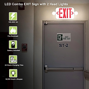 LIT-PaTH LED Combo EXIT Sign with 2 Adjustable Head Lights and Back Up Batteries- US Standard Red Letter Emergency Exit Lighting, UL 924 and CEC Qualified, 120-277 Voltage, 4-Pack