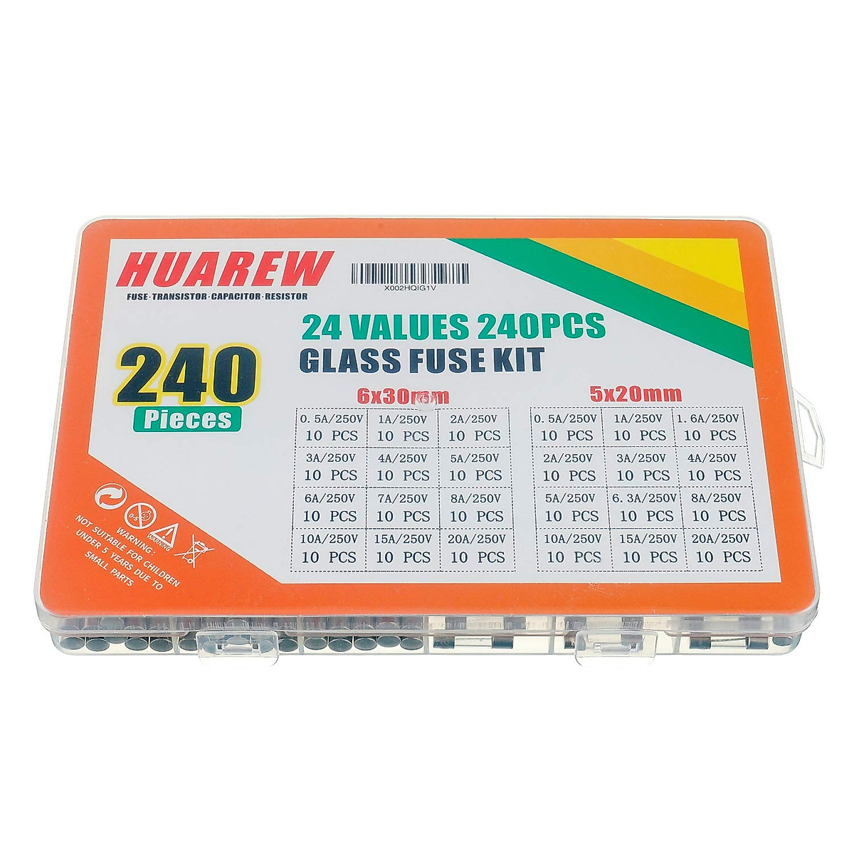 HUAREW 24 Values 240 Pcs Fast Blow Glass Fuses 250 V Volt 5x20 mm 0.5 1 1.6 2 3 4 5 6.3 8 10 15 20 A 6x30 mm 0.5 1 2 3 4 5 6 7 8 10 15 20 A amp Assortment Kit