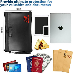 Fireproof Document Bag with Lock & Zip, 14X10" Large Fireproof Bag, Water Resistant and Fire Safe Storage for Important A4 Paper, Legal File, Cash, Battery and More