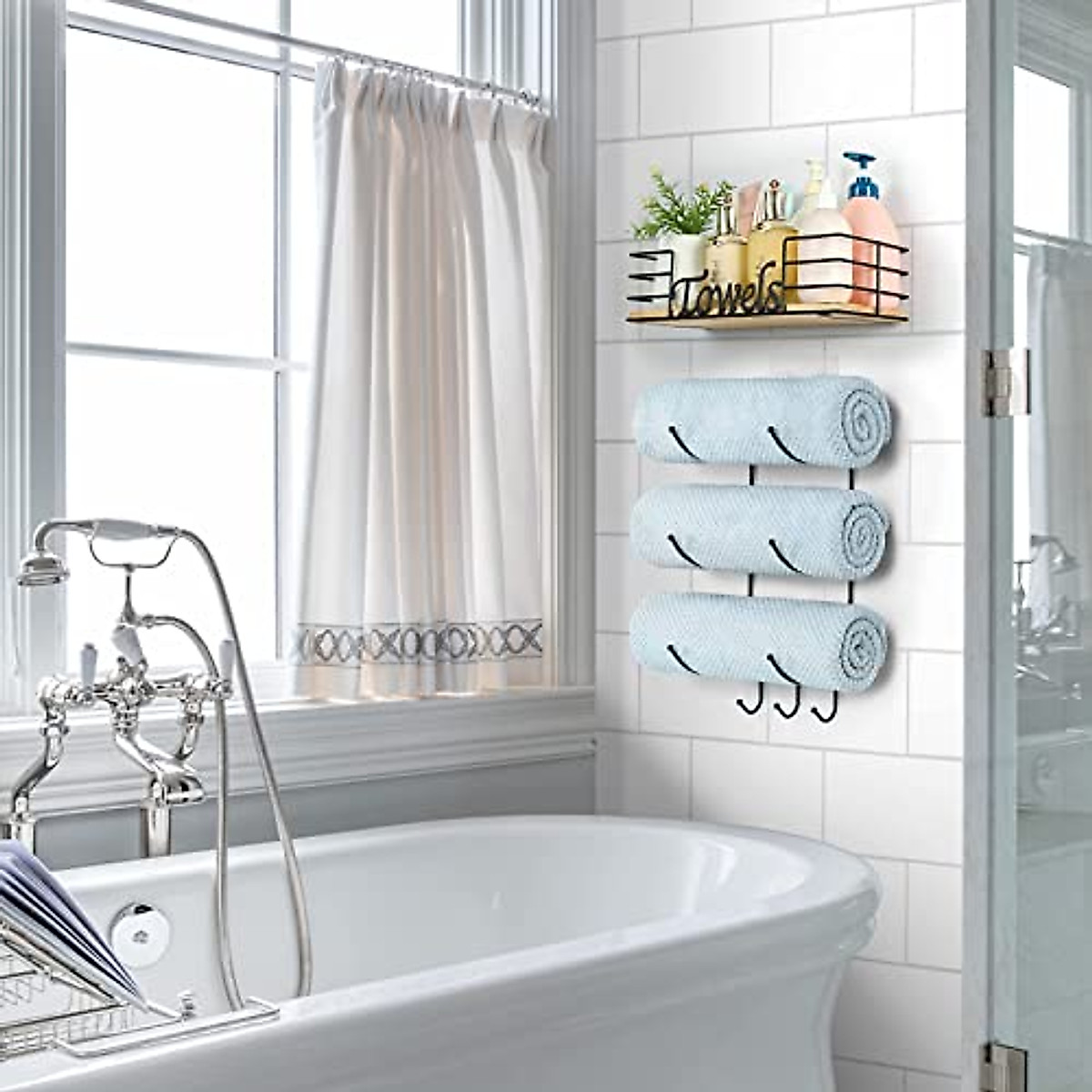 Towel Racks for Bathroom, Towel Holder Wall Mounted for Small Bathroom Wall, Roll Towel Rack with 3 Towel Hooks and Wooden Shelf, Drilling and No-Drill Installation Options Available, Black