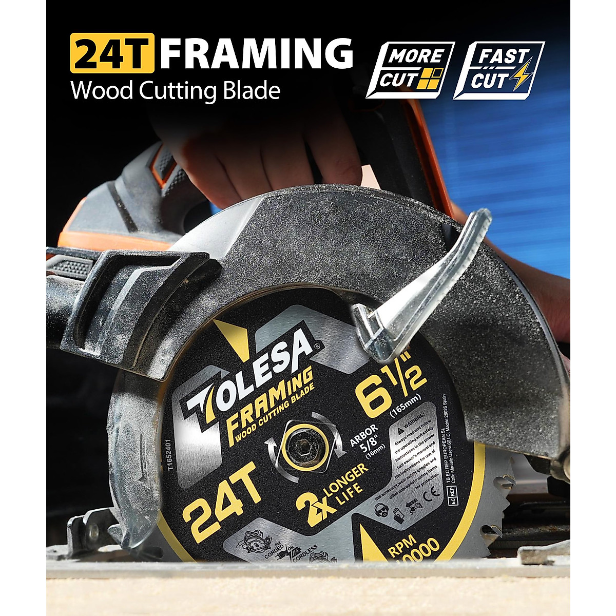 TOLESA 6 1/2 Circular Saw Blade 24 Teeth with 5/8" Arbor, ATB Carbide Teeth, Wood Cutting Framing Saw Blades for Miter Saw & Table Saw, Super Thin Kerf for Cutting Wood, Plywood, MDF, OSB (3 Pack)