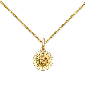 TGDJ 14k Yellow Gold Religious Saint Christopher Medal Pendant with 1.2mm Singapore Chain Necklace (20.0)